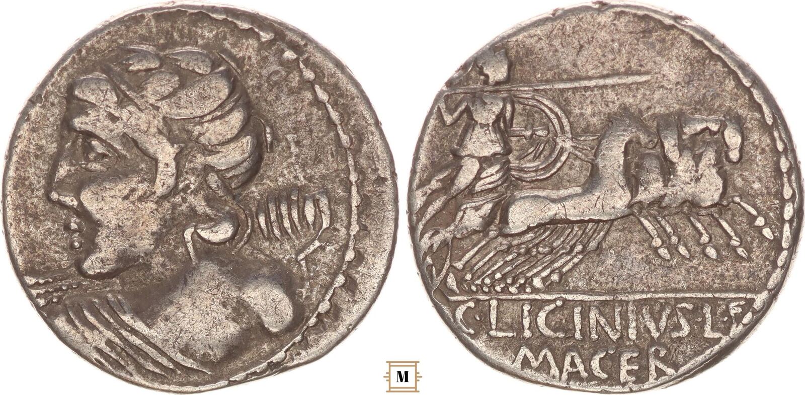 Roman Republic AR denarius 84 BC C. Licinius L.F. Macer, Bust of Apollo ...