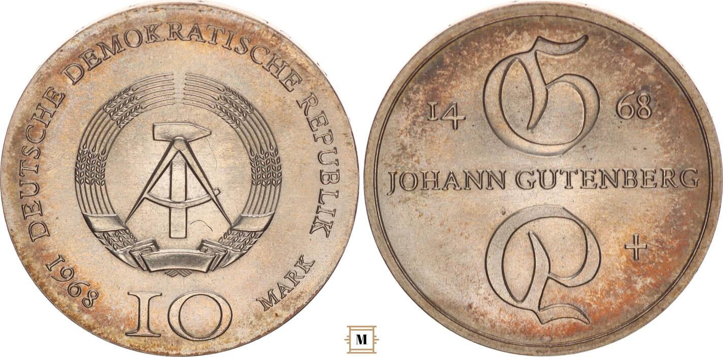 DDR 10 mark 1968 Johann Gutenberg UNC, leichte patina | MA-Shops