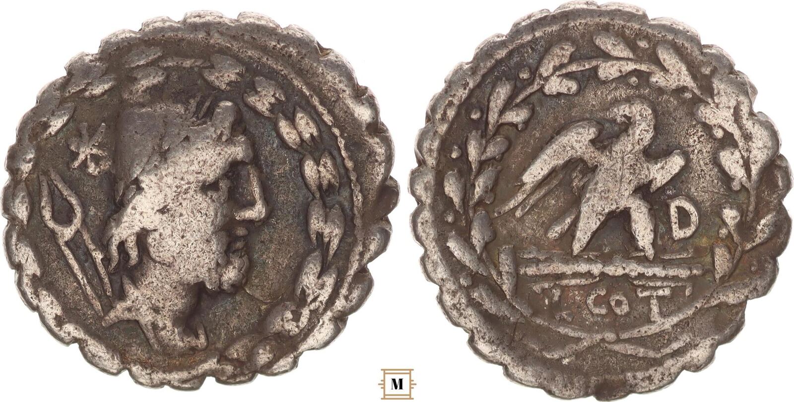 Roman Republic AR serrate denarius 105 BC Lucius Aurelius Cotta, Bust ...