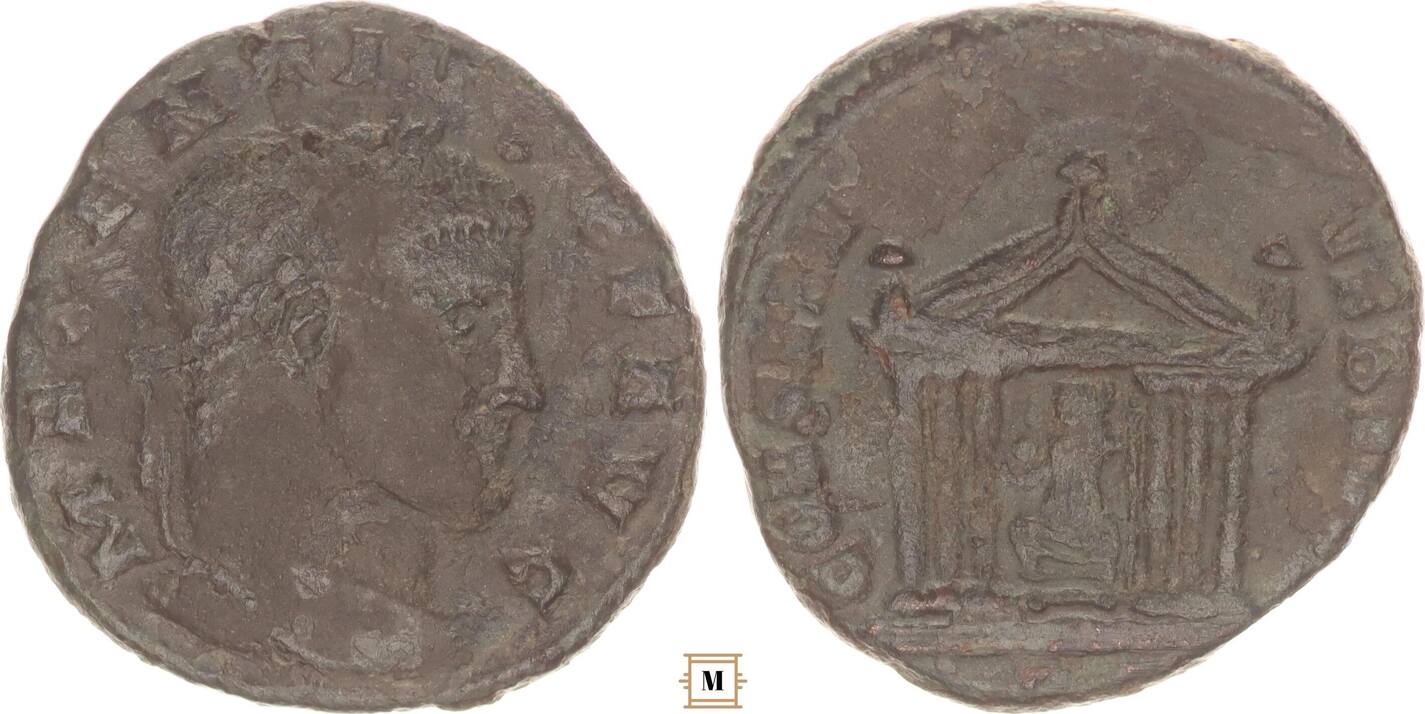 Roman Empire AE follis 307-312 Maxentius, Roma seated in hexastyle ...