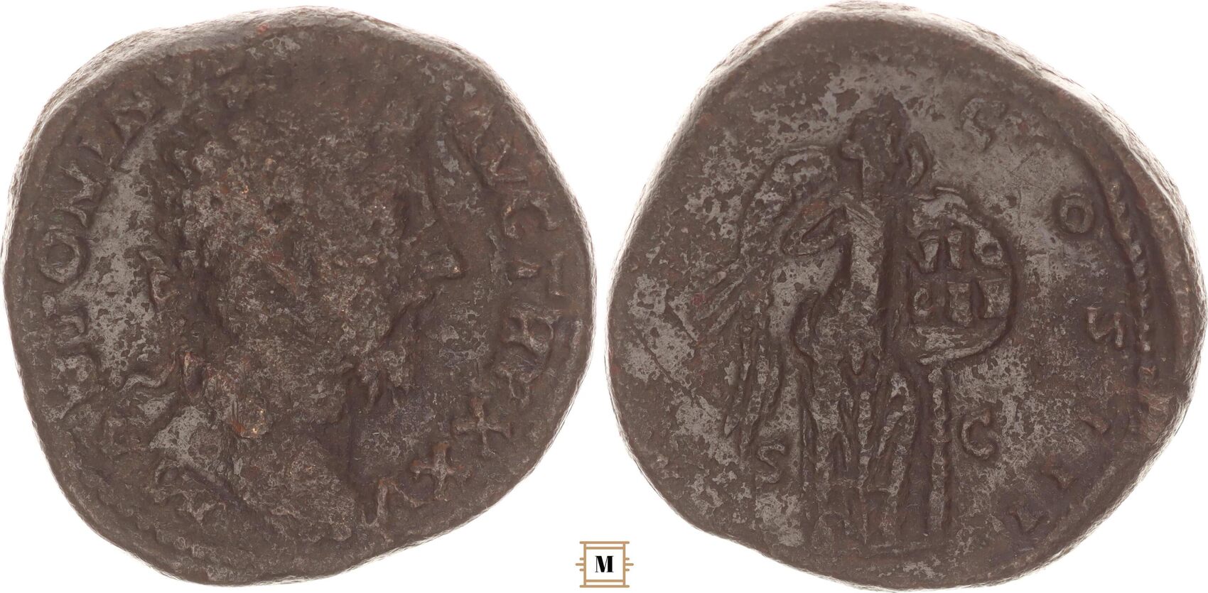 Roman Empire AE sestertius 161-180 Marcus Aurelius, Victory inscribing ...