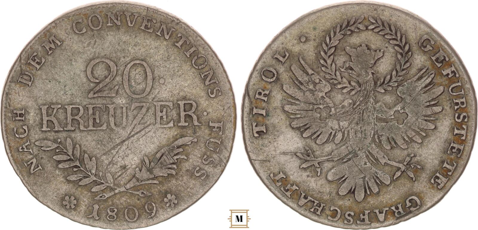 Austria - Tyrol 20 kreuzer 1809 Hall aufstand under Andreas Hofer leich ...