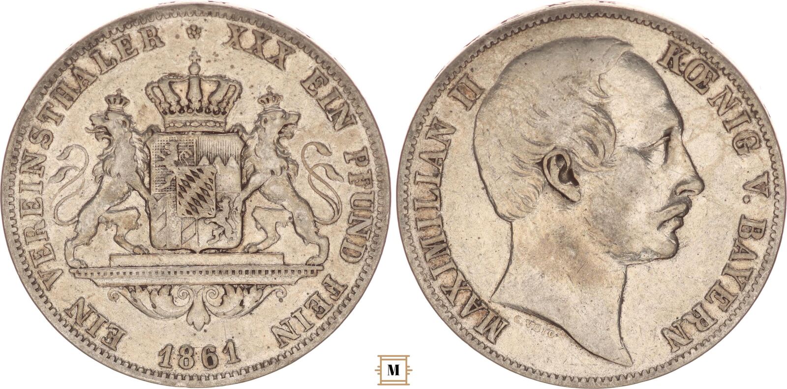 Germany - Bayern taler 1861 Maximilian II. VF | MA-Shops