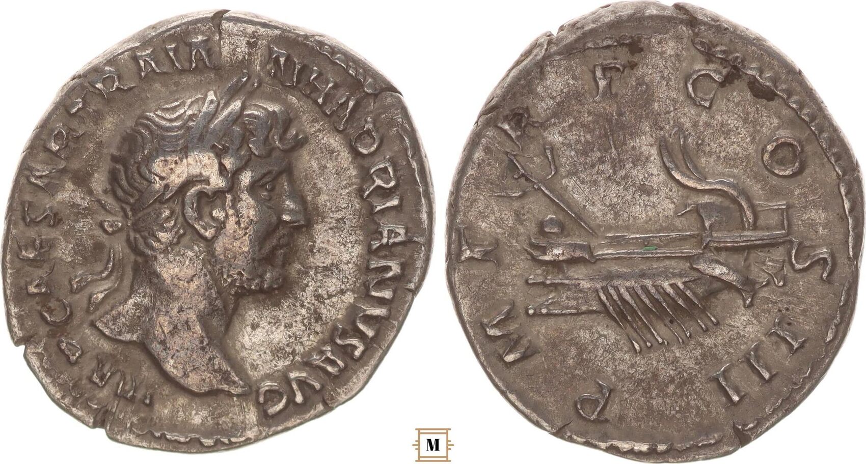 Roman Empire AR denarius 117-138 Hadrian, P M TR P COS III, Galley to ...