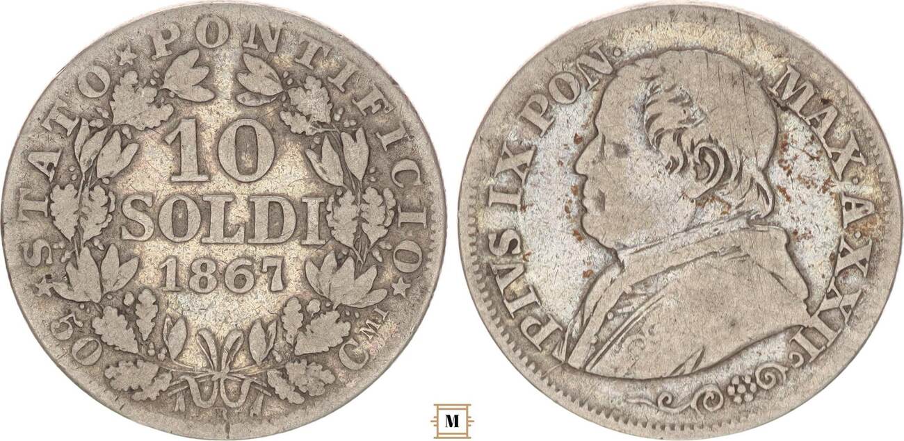 Italy 10 soldi 1867 R Papal States, Pio IX. | MA-Shops