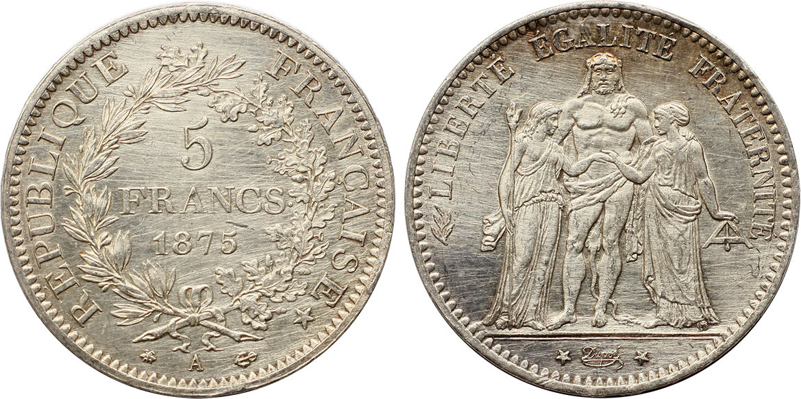 France 5 Francs 1875 Third Republic, Hercules, A XF+ | MA-Shops
