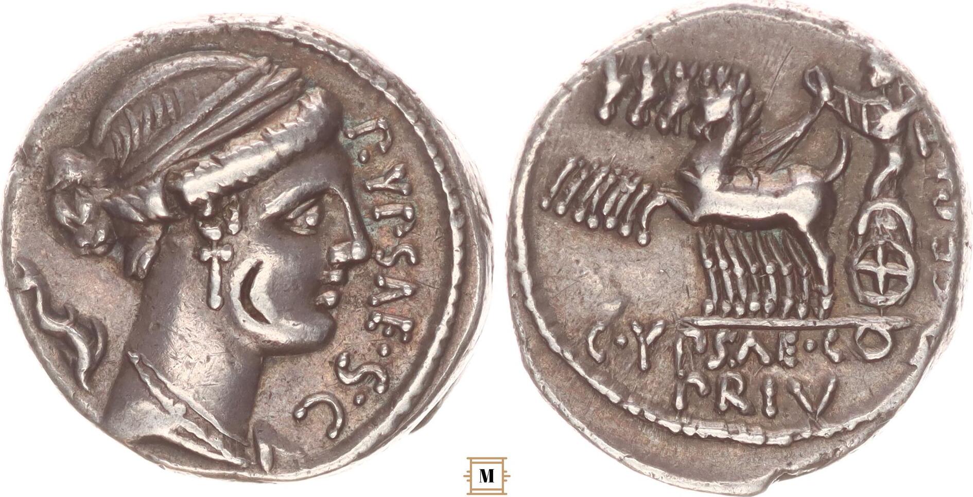 Roman Republic AR denarius 57 BC P. Plautius Hypsaeus, Bust of Leuconoe ...
