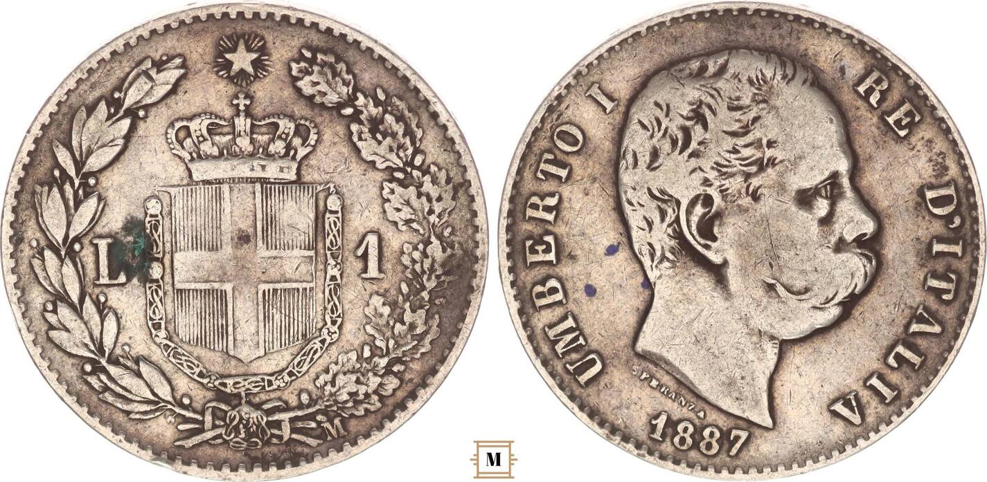Italy 1 lira 1887 M Umberto I. VF | MA-Shops
