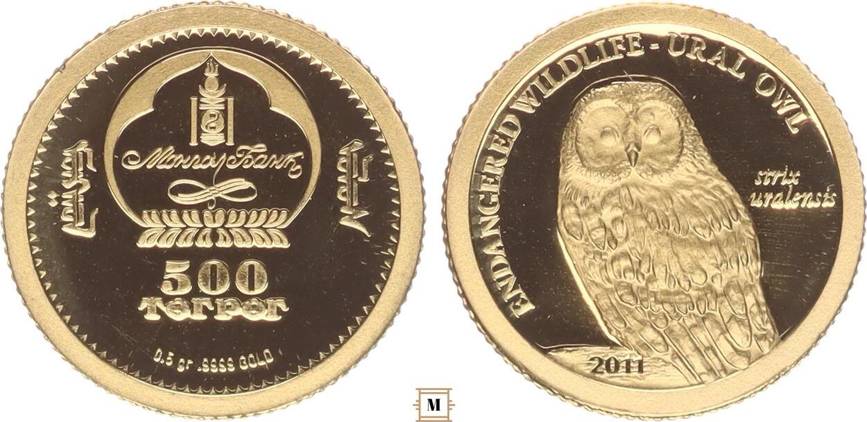 Mongolia 500 tugrik 2011 Endangered Wildlife - Ural Owl PROOF | MA-Shops