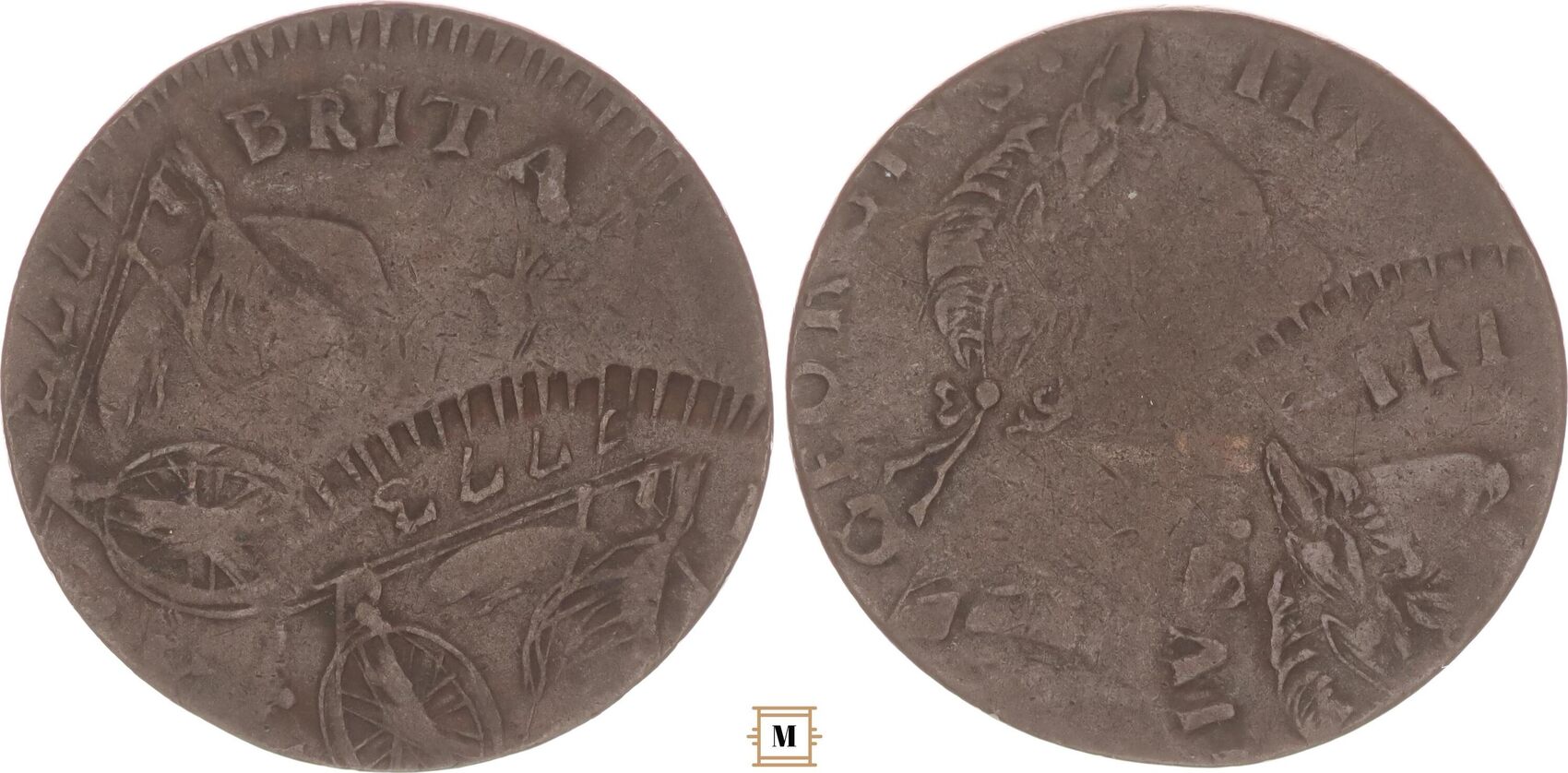 UK/Great Britain/ 1/2 penny 1773 George III., off-center strike, NOT ...