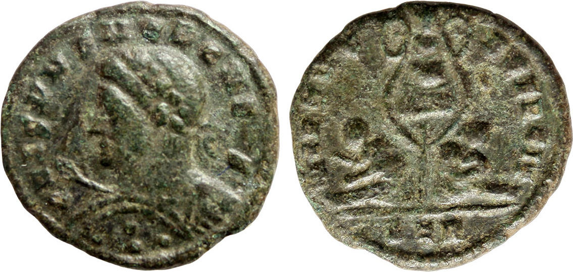 Roman Empire AE follis 316-326 Crispus Caesar, Treveri trophy between ...