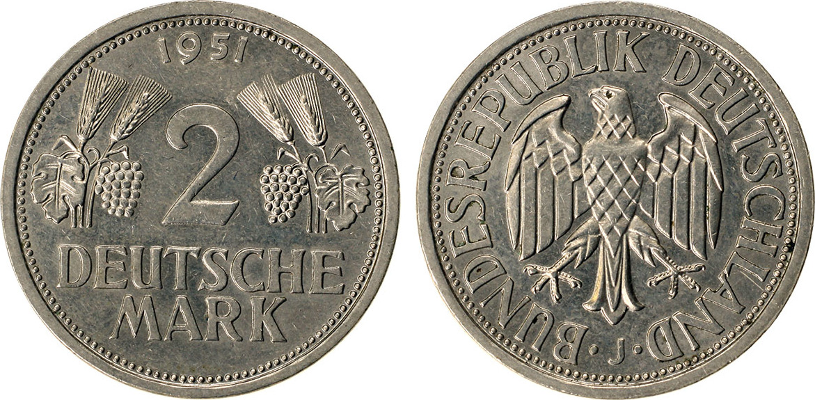Germany 2 mark 1951 J XF | MA-Shops