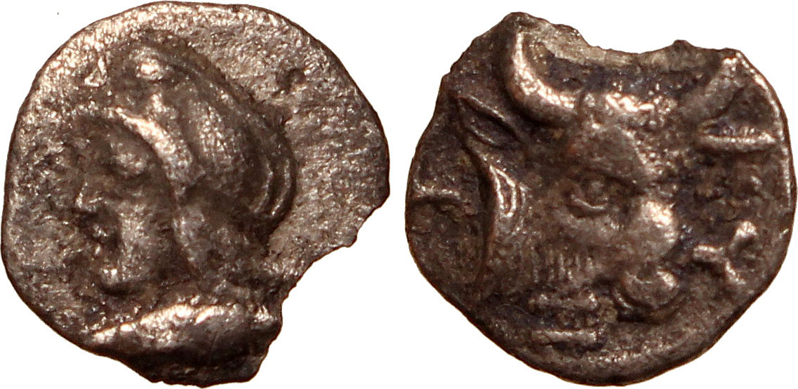 Greek hemiobol 5th cent. BC Mysia, Kyzikos, Head of Attis / Head of ...