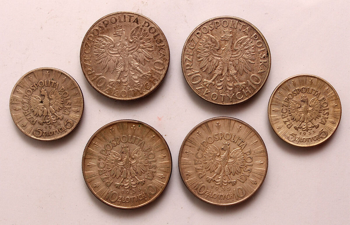 Poland 5, 10 zlotych 1932-1936 6 pcs lot of Jadwiga, Pilsudski | MA-Shops