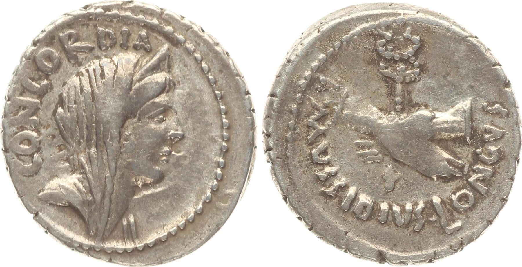 Roman Republic AR denarius 42 BC L. Mussidius Longus, Head of Concordia ...