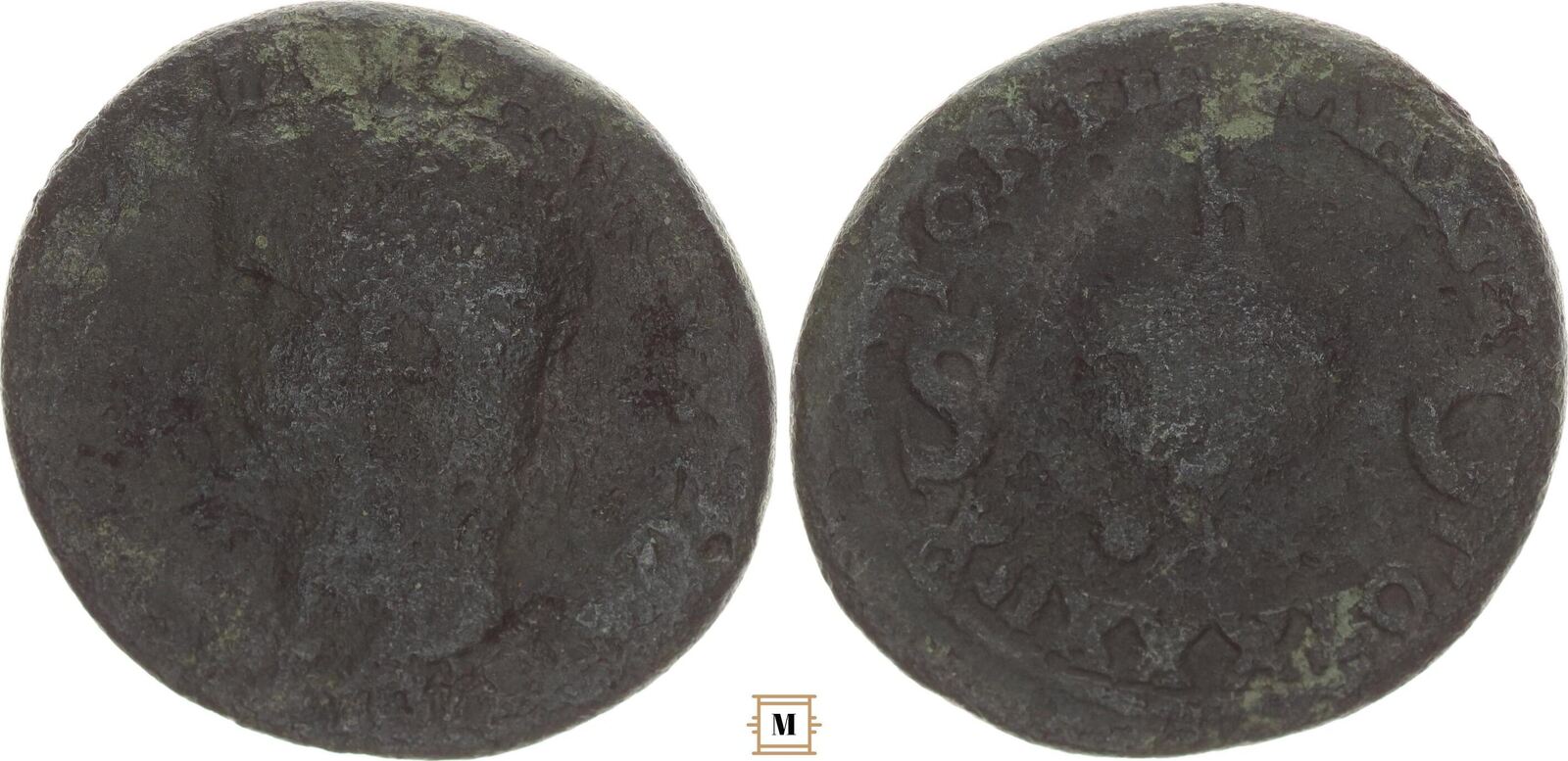 Roman Empire as 14-37 Tiberius, Rudder placed vertically across banded ...