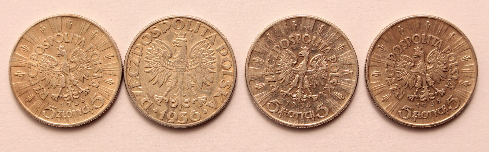 Poland 5 zlotych 1934-1936 4 pcs lot of Dar Pomorza, Pilsudski | MA-Shops