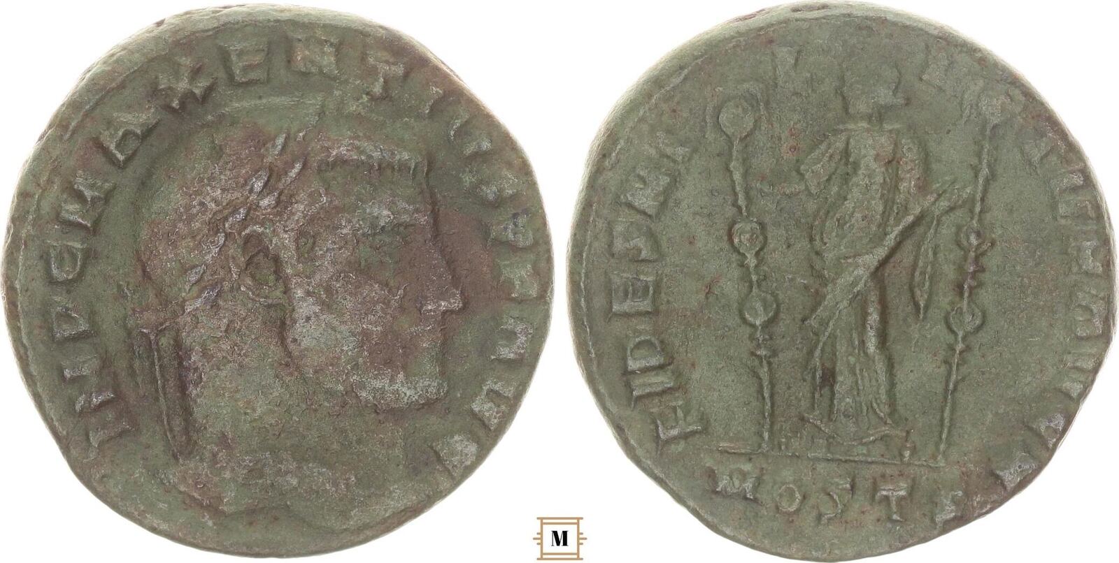 Roman Empire follis 307-312 Maxentius, FIDES MILITVM, Fides standing ...