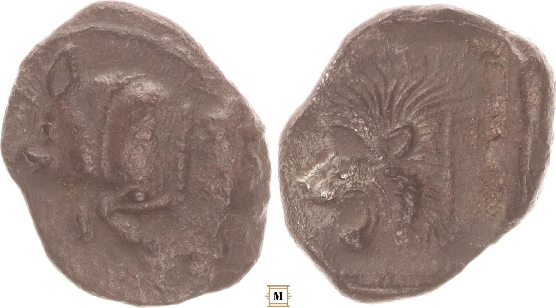 Greek obol 450-400 BC Mysia, Kyzikos, Forepart of a boar / Head of Lion ...