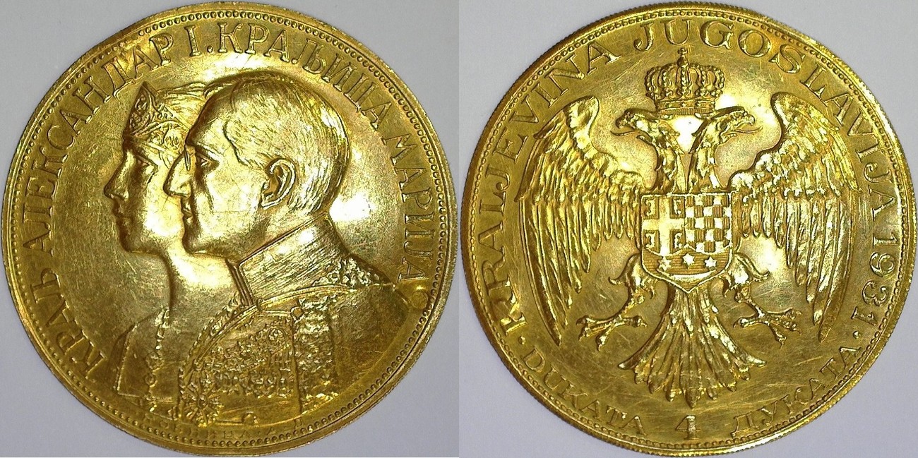 Yugoslavia 4 Dukat 1931-birds Alexander I and Maria ss, Randfehler | MA-Shops