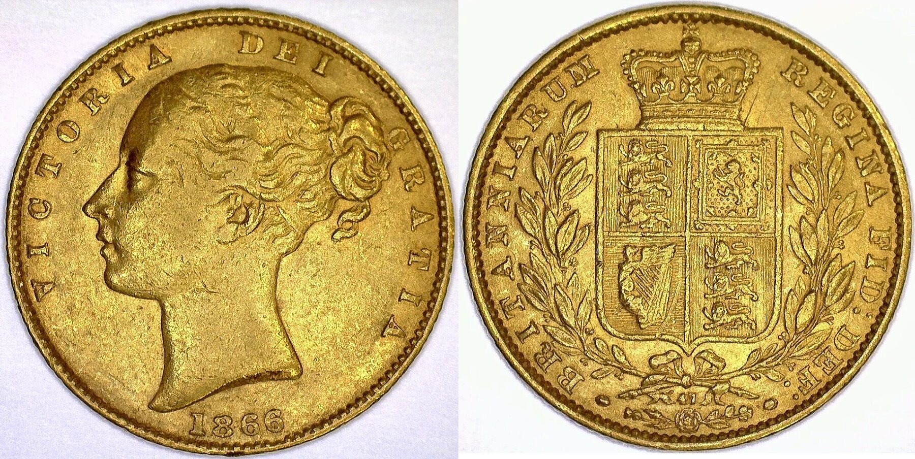 Great Britain 1 Sovereign 1866(47) Victoria 1st portrait; Shield ss | MA-Shops