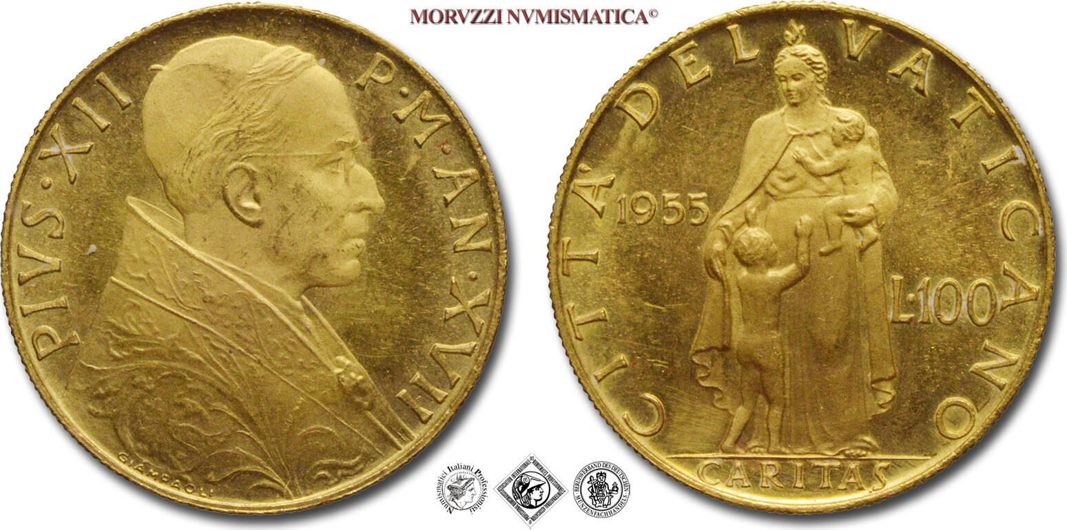 Vatican City State / Vatikanstadt LIRE 100 1955 A XVII Papst Pius XII. Stempelglanz (65/70) | MA ...