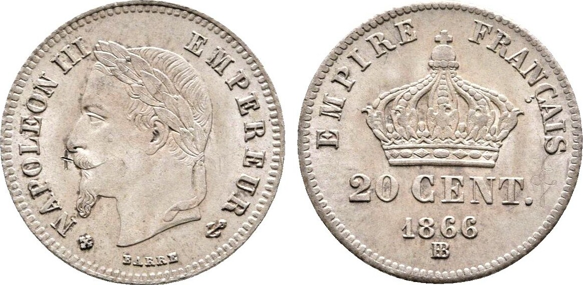 FRANKREICH Napoleon III., 1852-1870 20 Centimes 1866 BB, Strassburg feine Patina, kleine Kratzer ...