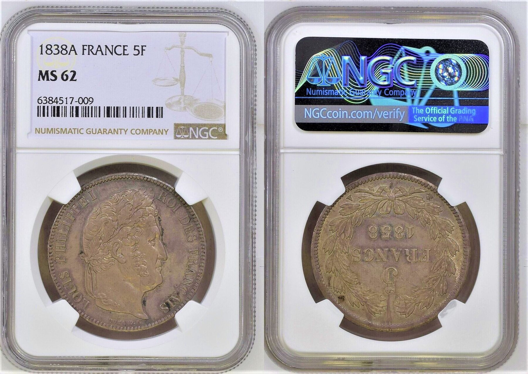 FRANKREICH Ludwig Philipp, 1830-1848 5 Francs 1838 A, Paris NGC MS 62 | MA-Shops
