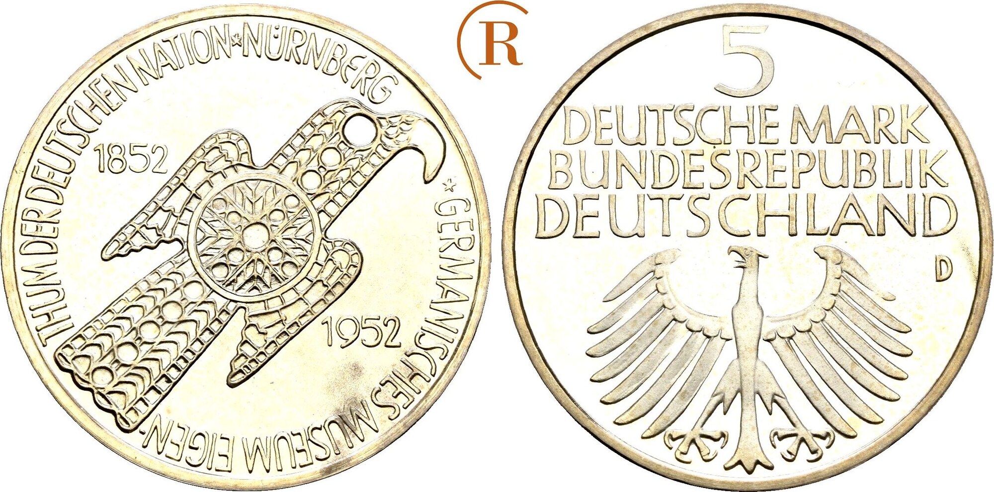 BRD Gedenkmünzen 5 Mark "Germanisches Museum" 1952 D Polierte Platte ...