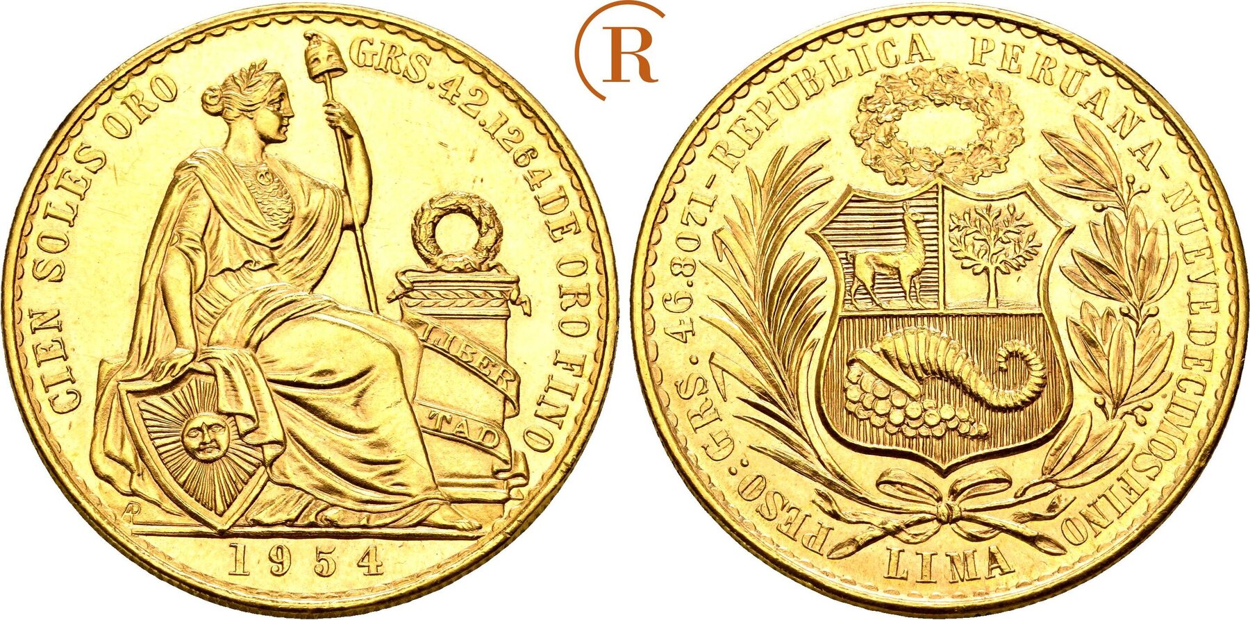 PERU REPUBLIK Seit 1822 100 Soles 1954, Lima Gold. Fast Stempelglanz ...