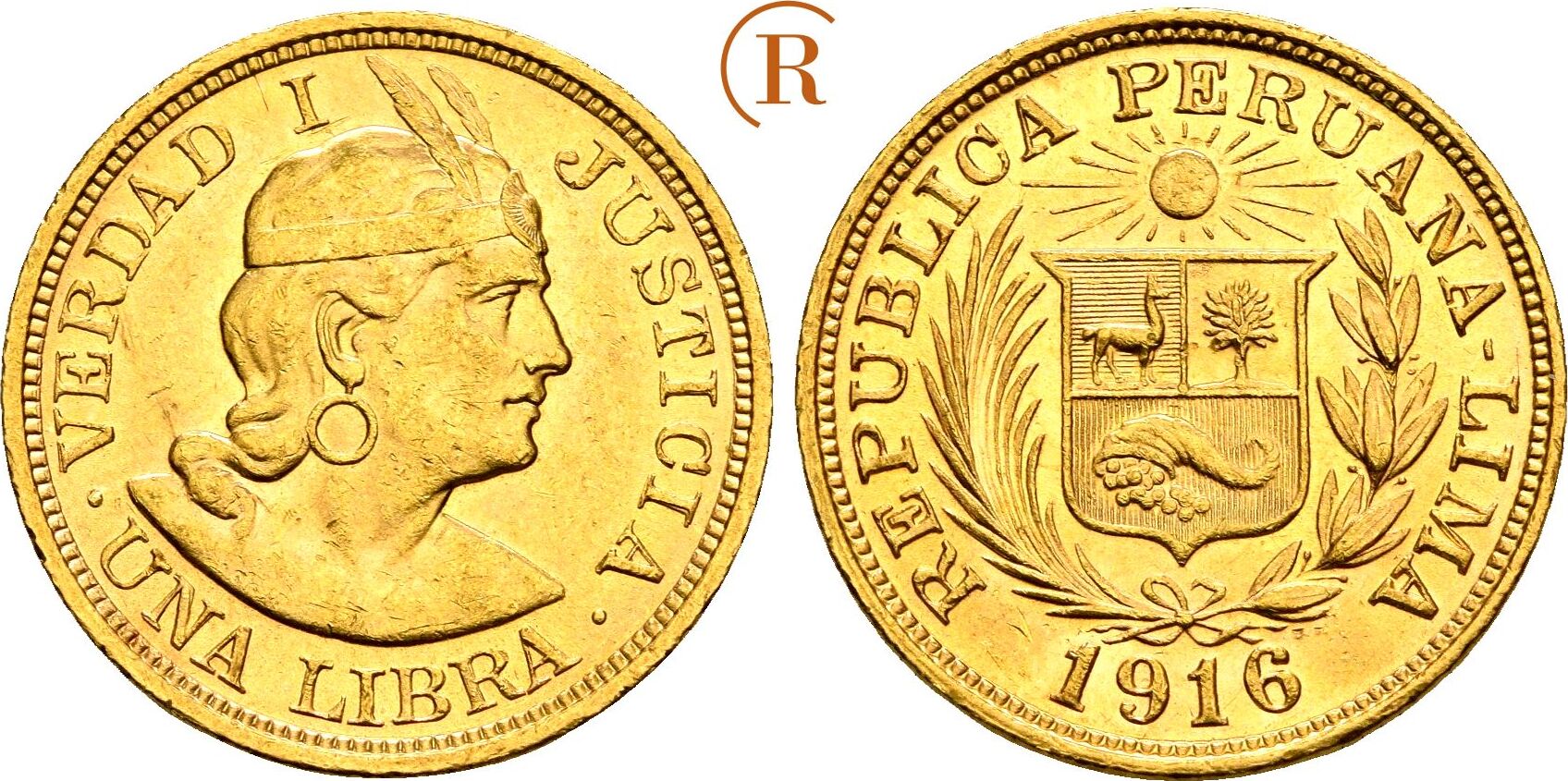 PERU REPUBLIK Seit 1822 1 Libra 1916, Lima Gold. Vorzüglich ...
