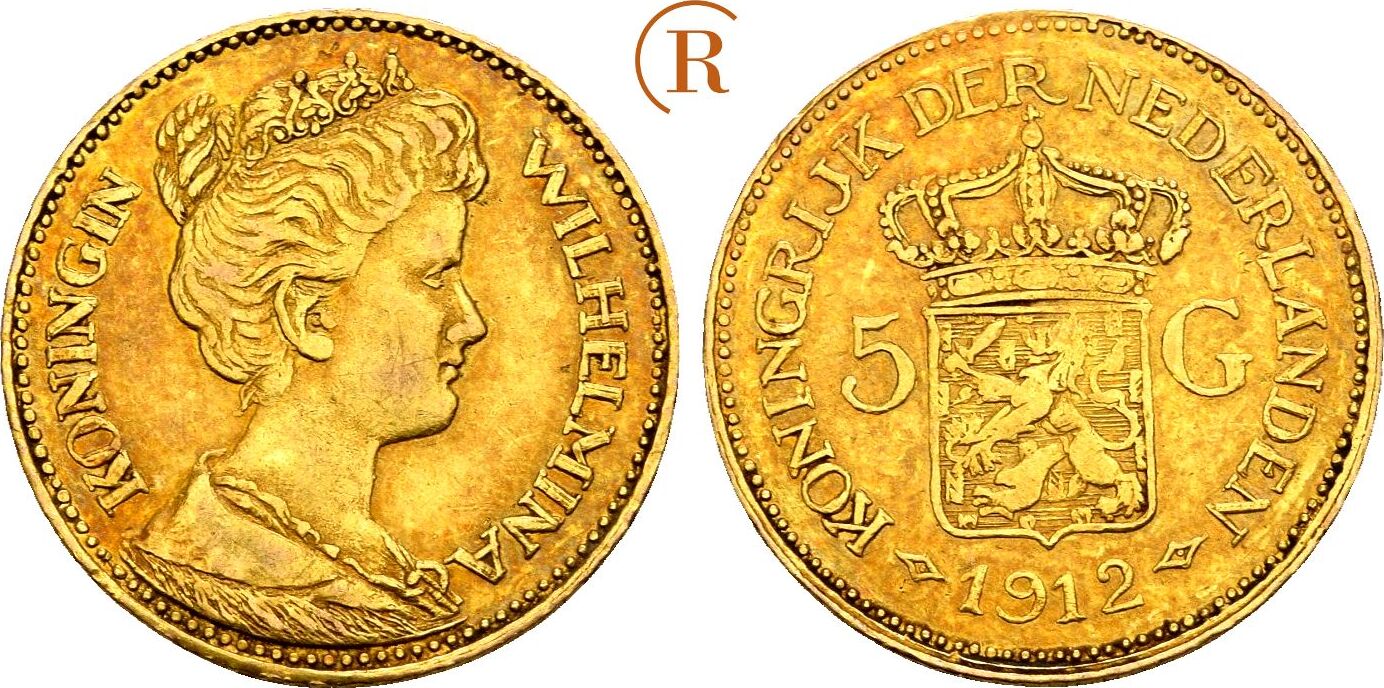 NIEDERLANDE Wilhelmina, 1890-1948 5 Gulden 1912, Utrecht Gold. Goldpatina, sehr schön | MA-Shops