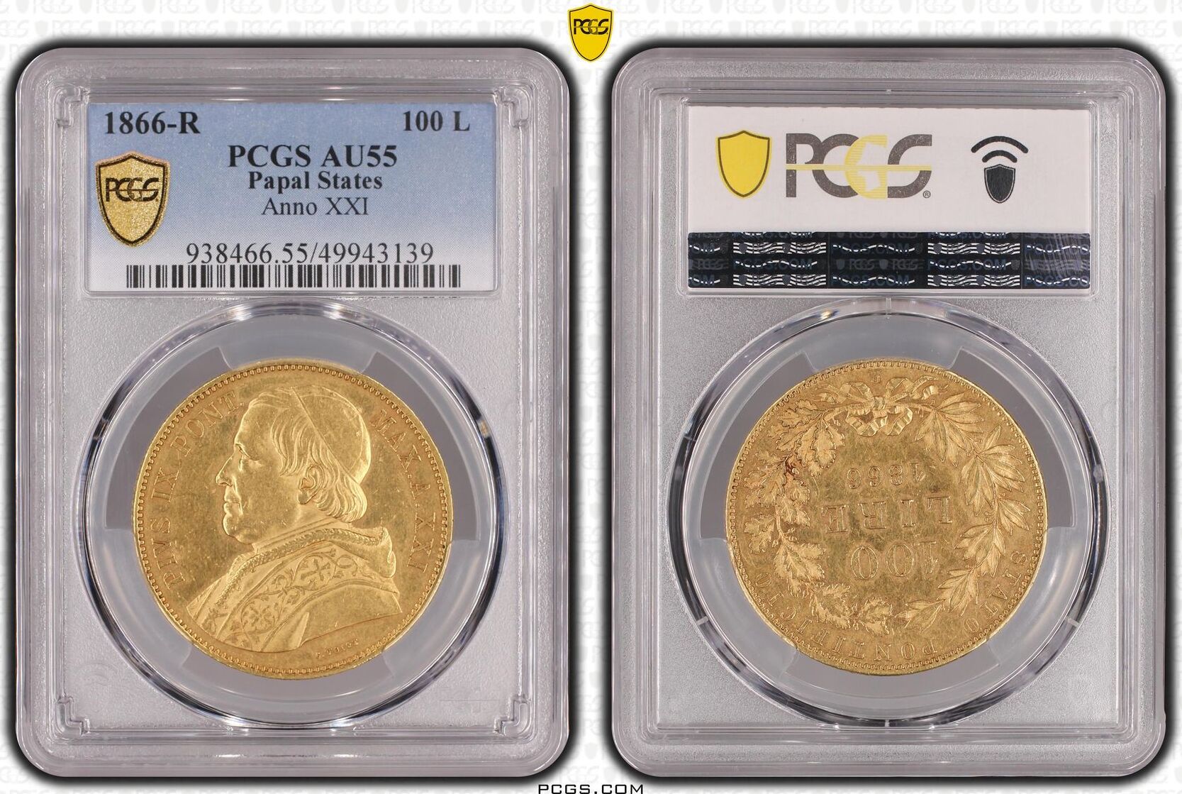 VATIKAN/KIRCHENSTAAT Pius IX., 1846-1878 100 Lire 1866 R, Rom Gold. PCGS AU55 | MA-Shops