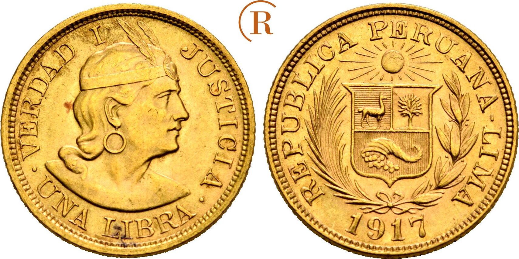PERU REPUBLIK Seit 1822 1 Libra 1917, Lima Gold. Vorzüglich ...