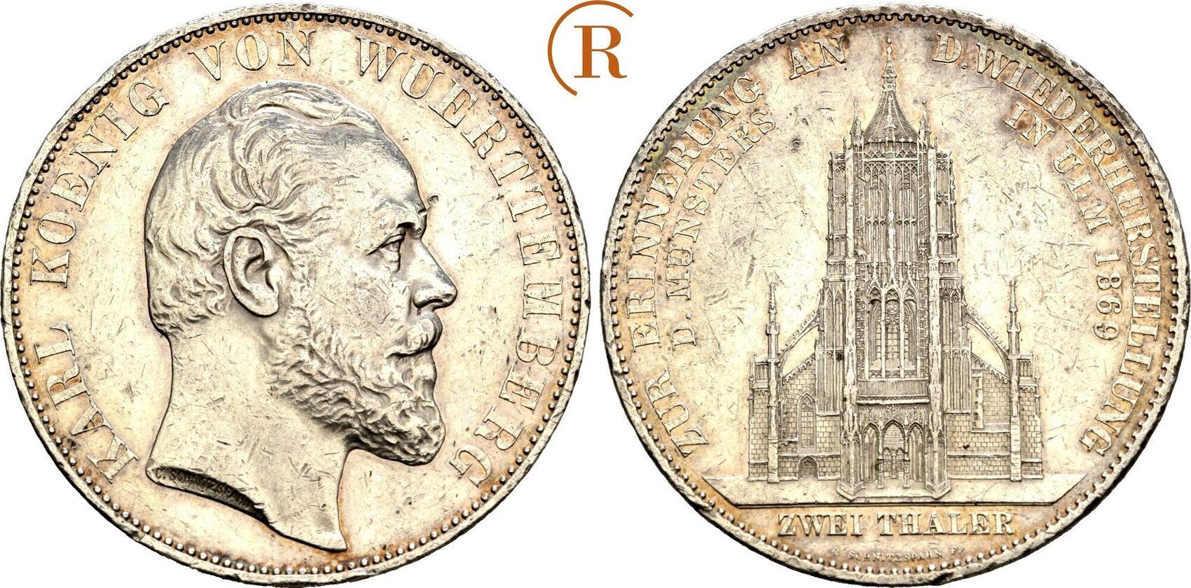 WÜRTTEMBERG Karl, 1864-1891 Doppeltaler "Ulmer Münster" 1869 Kratzer ...