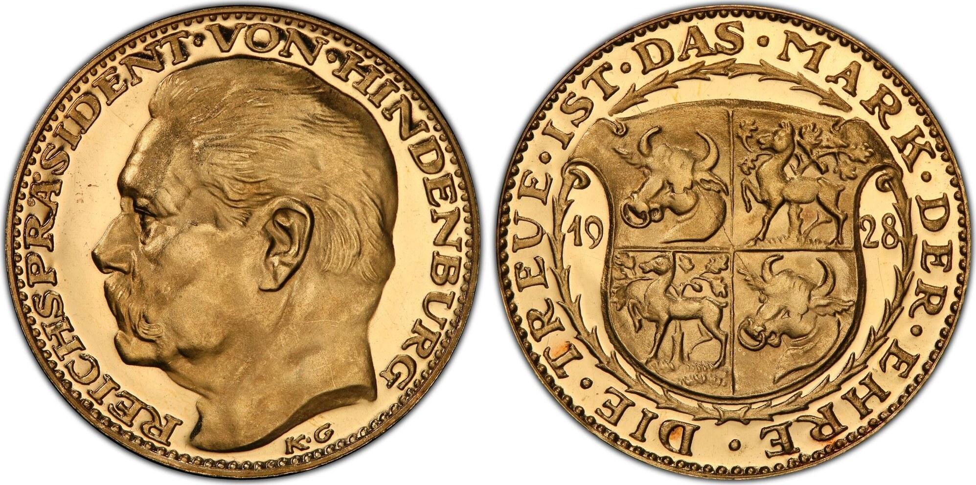 WEIMARER REPUBLIK Probe- 20 Mark 1928, von Karl Goetz. Gold. PCGS SP67 ...