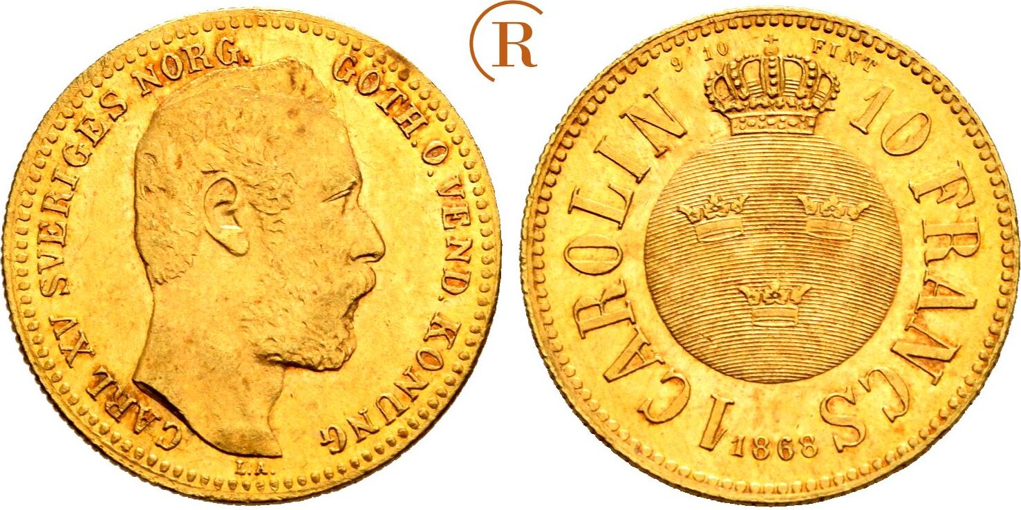 SCHWEDEN Karl XV., 1859-1872 Karolin (10 Francs) 1868, Stockholm Gold ...