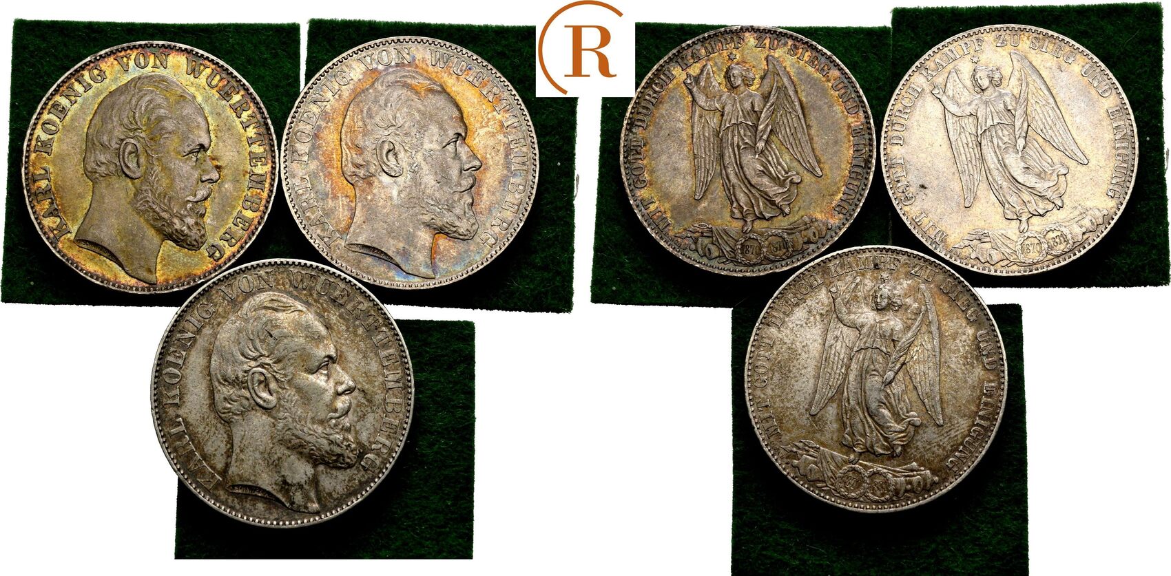 WÜRTTEMBERG Karl, 1864-1891 Lot 3x Siegestaler 1871 Schöne Patina ...