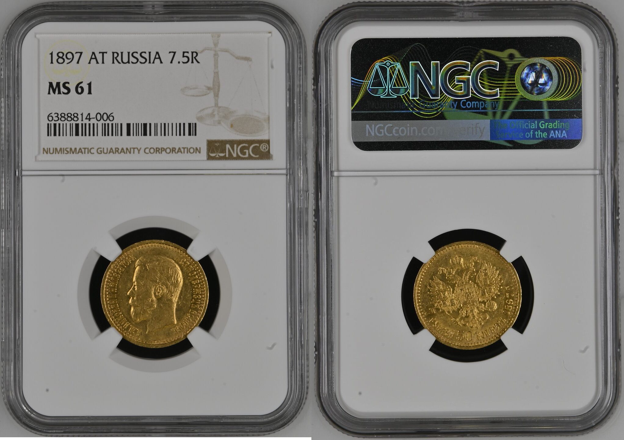 RUSSLAND Nikolaus II., 1894-1917 7 1/2 Rubel 1897 AT Gold. NGC MS 61 | MA-Shops