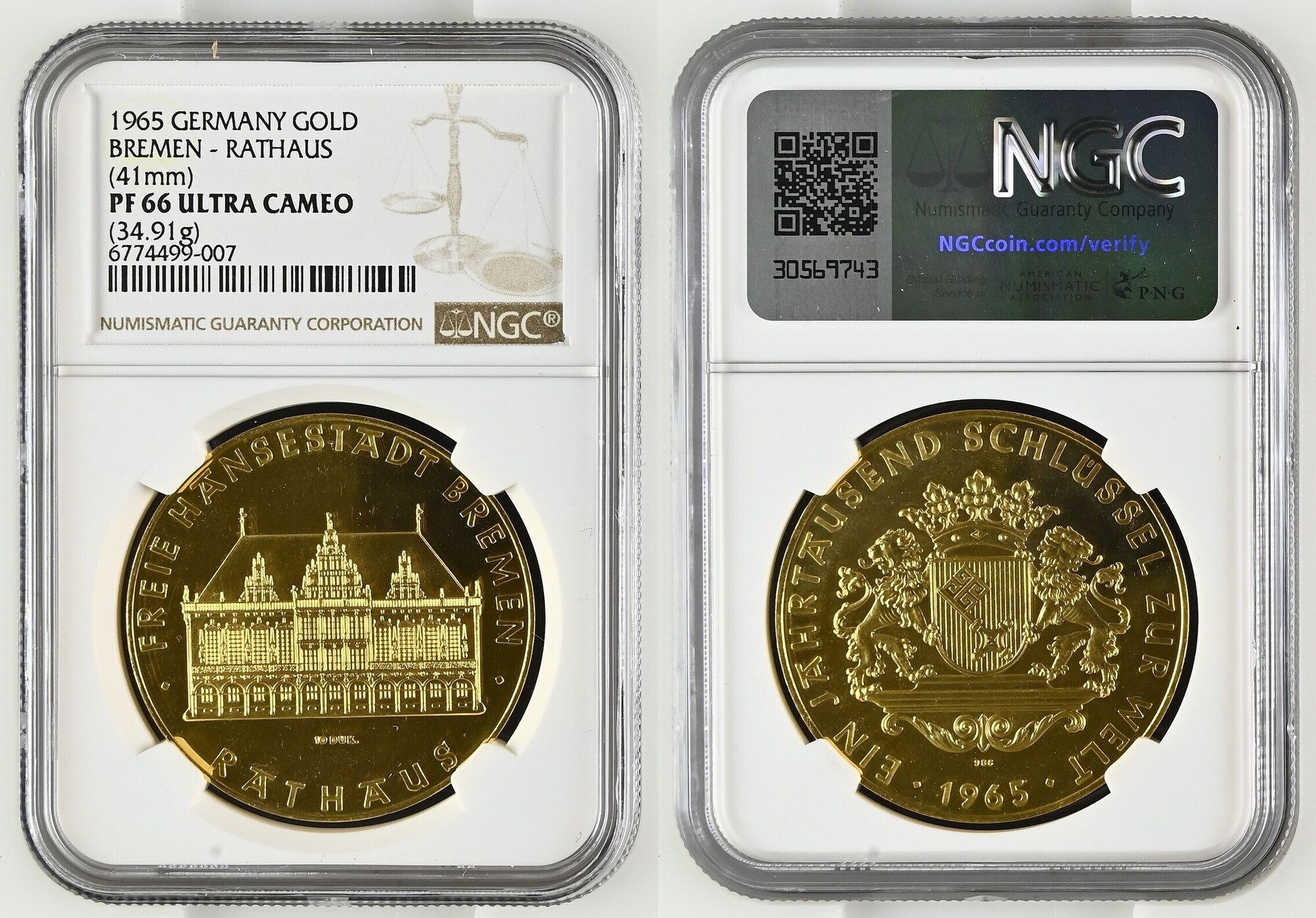 BREMEN, STADT Goldmedaille zu 10 Dukaten 1965 Gold. NGC PF 66 ULTRA ...