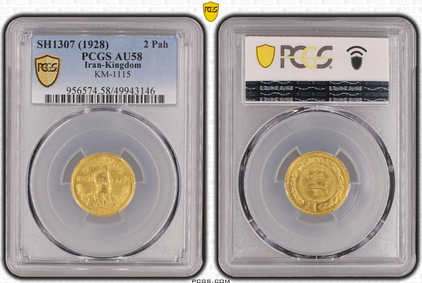 IRAN Riza Khan Pahlevi, 1925-1941 2 Pahlavi 1928 (1307H), Teheran Gold. PCGS AU58 | MA-Shops