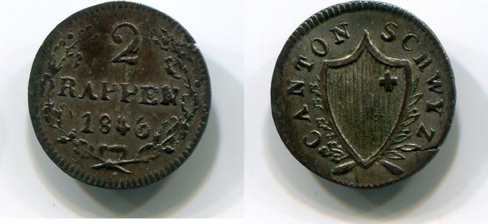 Schweiz 2 Rappen 1846 ~ Canton Schwyz ~ vz | MA-Shops
