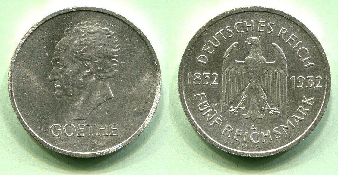 Weimarer Republik, 5 Mark 1932A Goethe, vz | MA-Shops