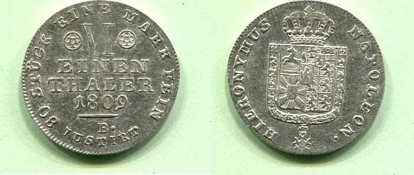Westfalen Königreich, 1/6 Taler 1809B Hieronymus Napoleon 1807-1813, vz ...