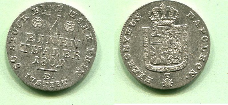Westfalen Königreich, 1/6 Taler 1809B Hieronymus Napoleon 1807-1813, ss ...