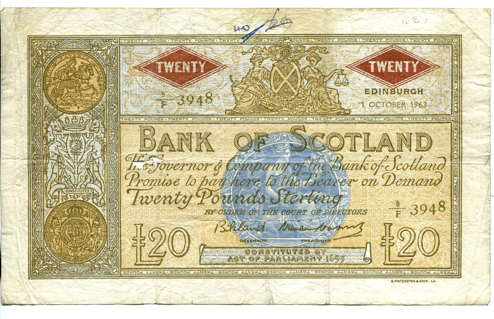 Schottland, 20 Pounds 01.10.1963 Bank of Scotland, gebraucht | MA-Shops
