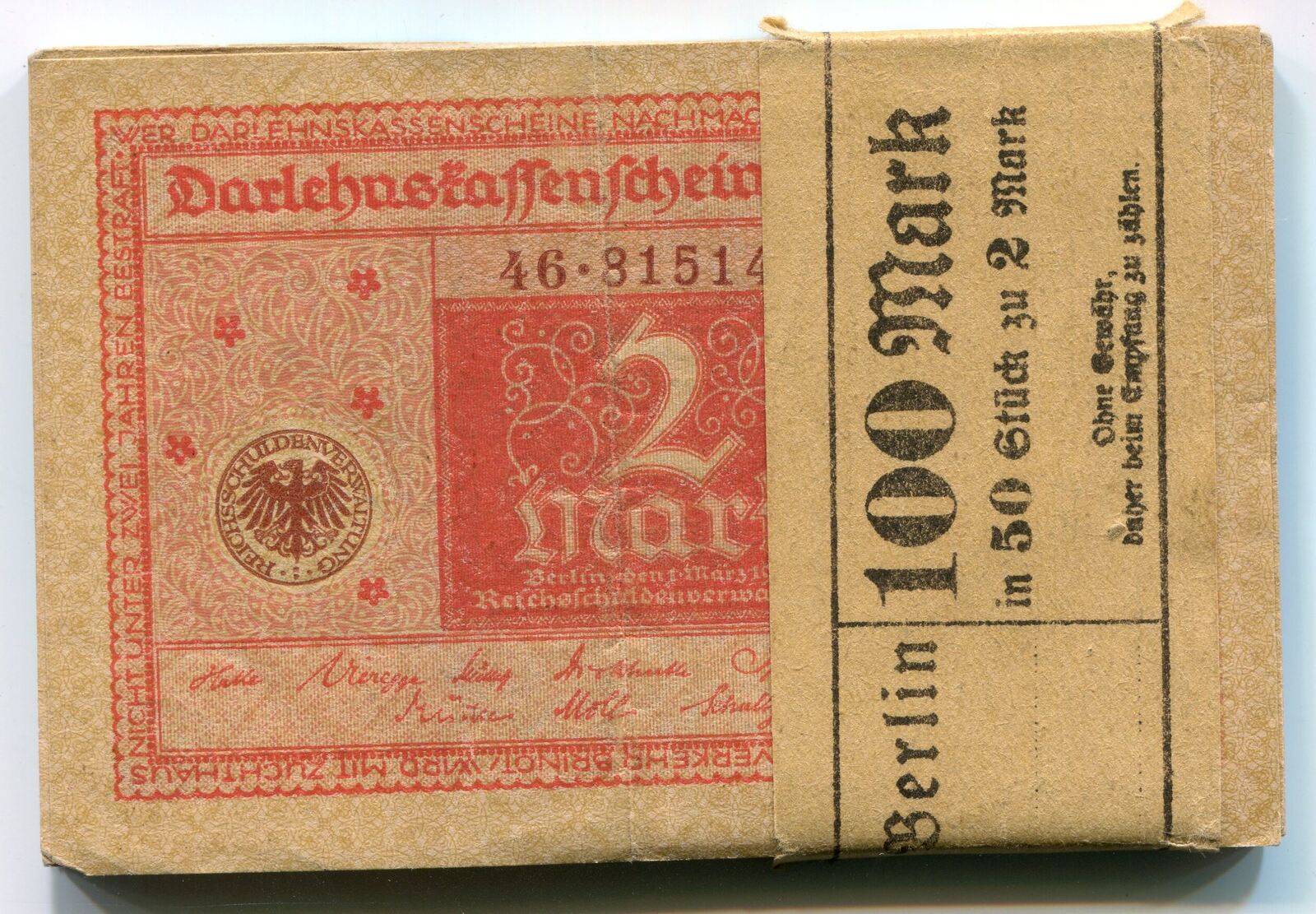 Deutsches Reich 2 Mark 1920 ~ 50 x mit Banderole, zum Teil laufende Nummern ~ gebraucht bis ...