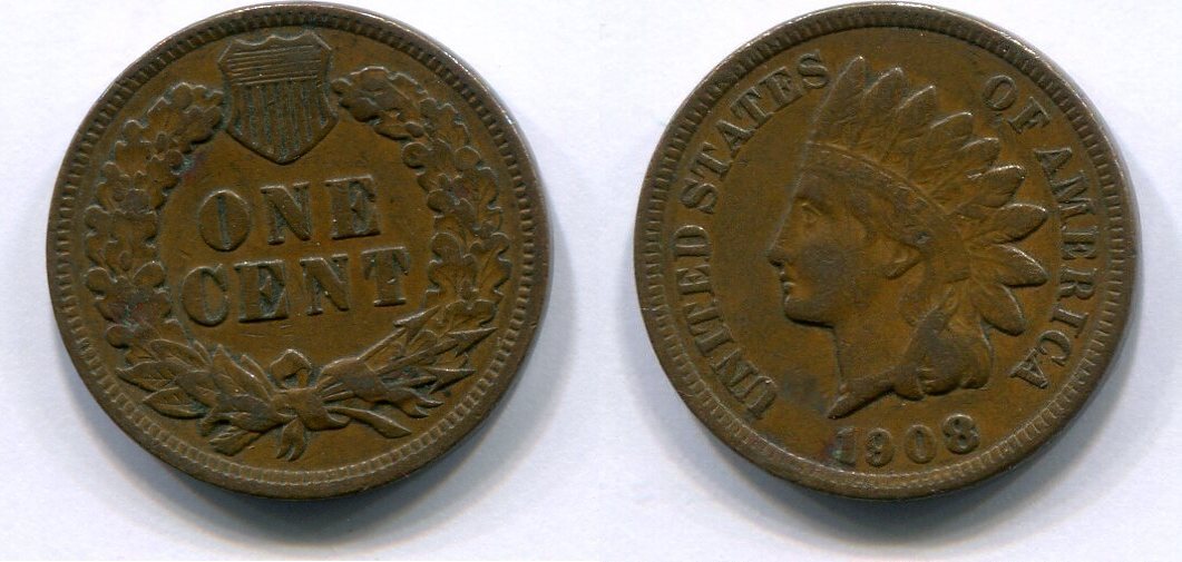 USA 1 Cent 1908 ~ Indian Head ~ ss+ | MA-Shops