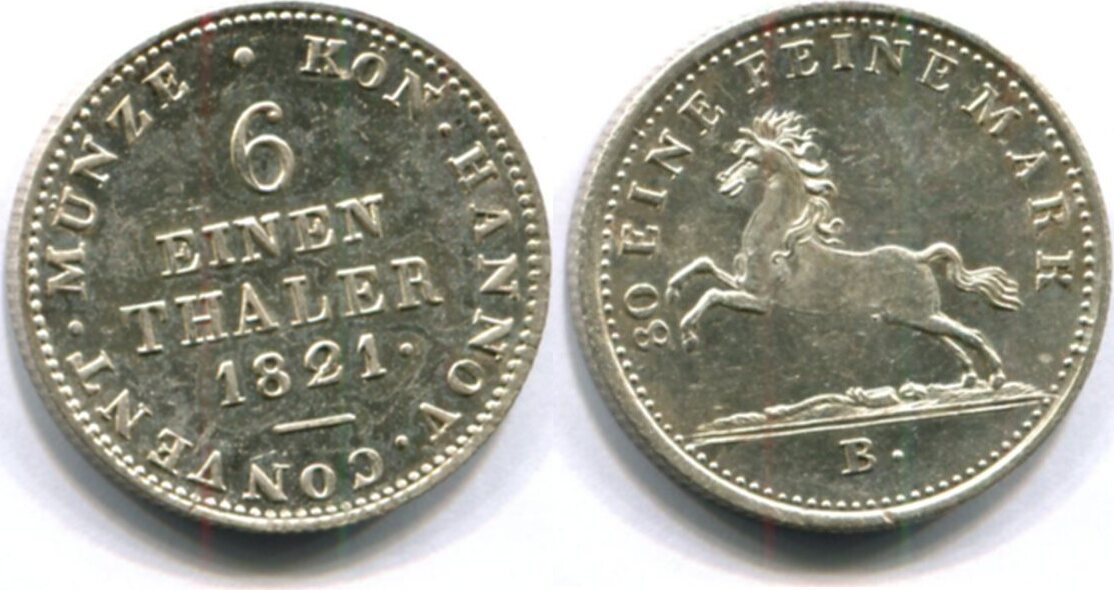 Hannover, 1/6 Taler 1821B Georg IV. 1820-1730, vz+ | MA-Shops