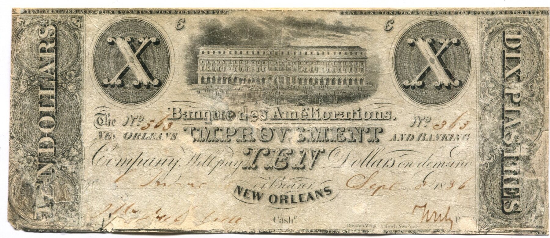 USA-New Orleans, 10 Dollar/10 Piastres 1836 Banque des Ameliorations ...